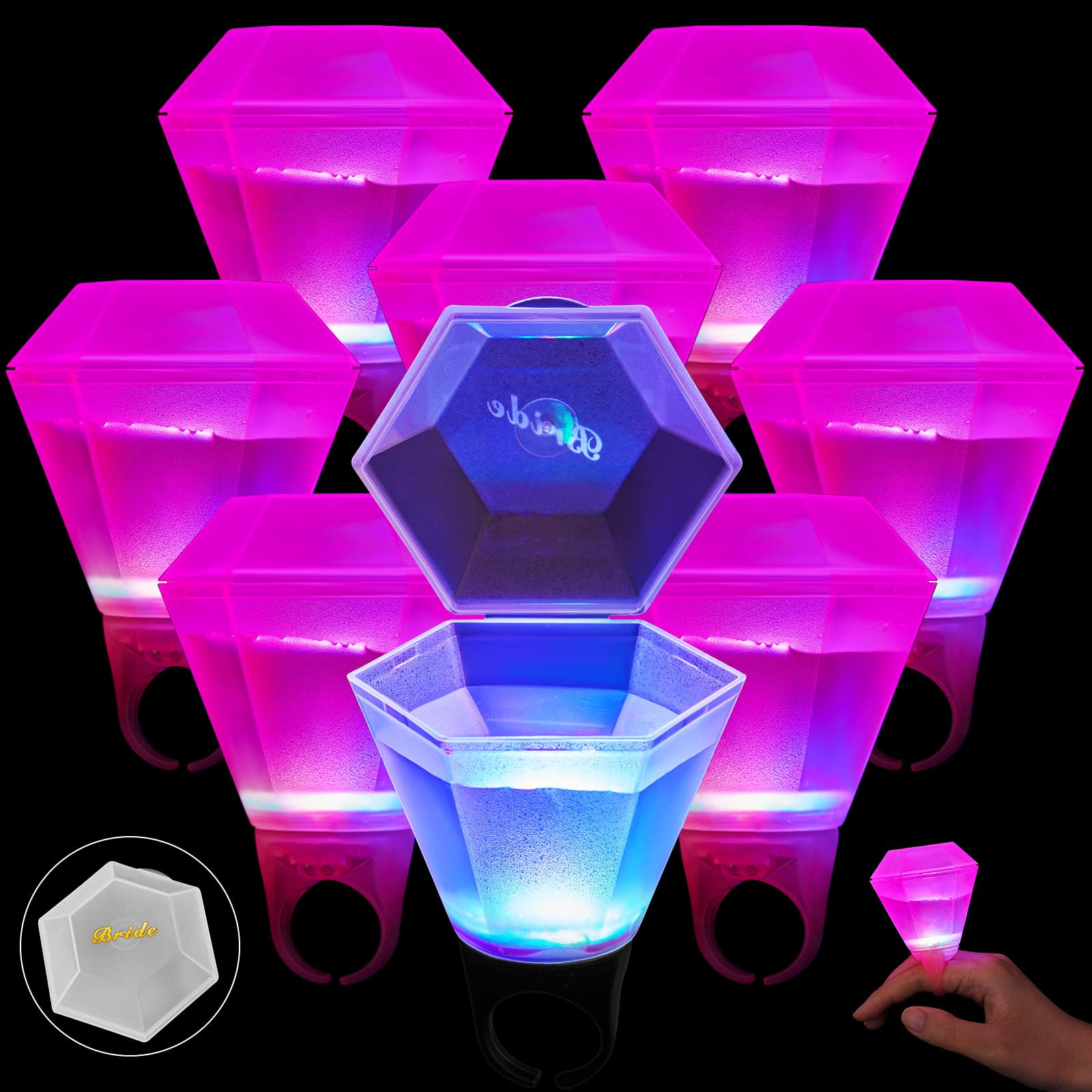 Tessco 8 Pcs Wedding Ring Shot Glass LED Light up Plastic Flash Ring Shot Glasses for Wedding Party Supplies and 8 Pcs Vinyl Gold Bride Bridesmaid Stickers