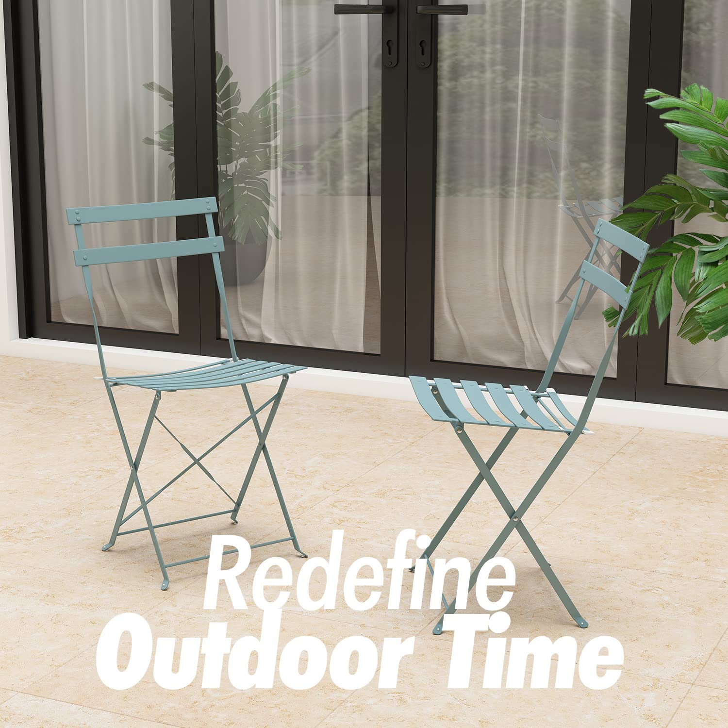 Pyramid Home Decor 2 Piece Outdoor Bistro Chair Set - Foldable Outdoor Chairs Set of 2 - Premium Steel Small Patio Chairs, Blue