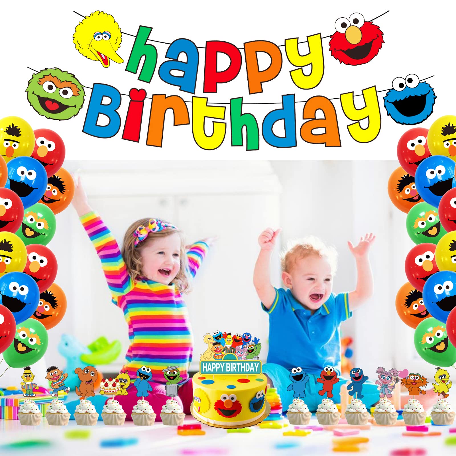 Sēsame Strēet Birthday Decorations for Birthday Party, Include Banners, Backdrop, Cake Topper, Tablecloth, Paper Plates, Cupcake toppers, Balloons