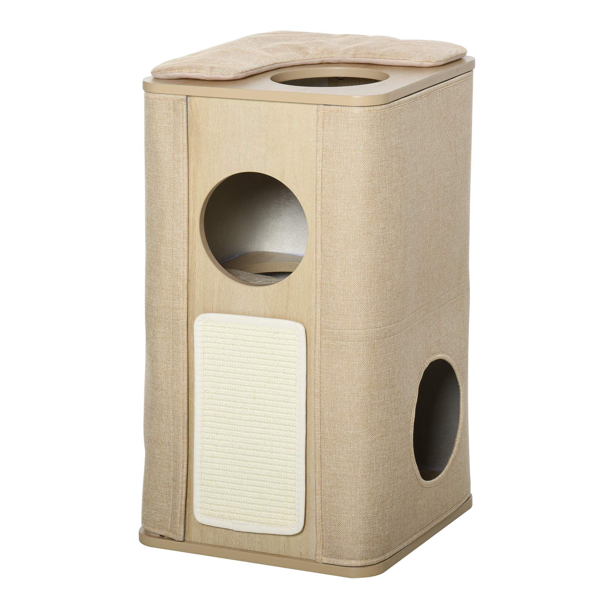 PawHut Wooden Cat Condo 3 Story Barrel Tower w/Perch Removable Cover Cushions Sisal Scratching Carpet, Brown