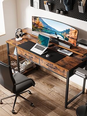 ODK Computer Desk with Drawers, 40 Inch Office Desk with Storage & Shelves, Work Writing Desk with Monitor Stand Shelf, Black Home Office Desks for Small Spaces