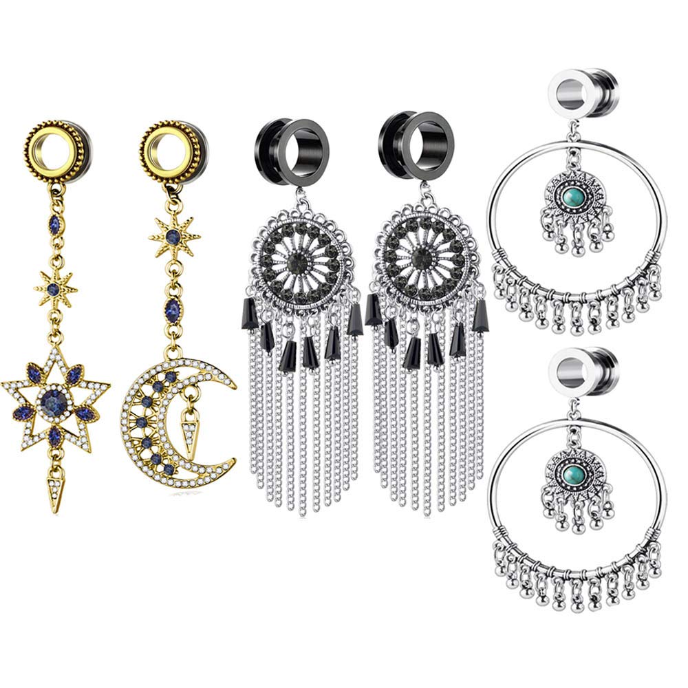 TIANCI FBYJS 6 PCS Stainless Steel Moon Star Dangle Ear Plugs Tunnels Gauges Stretcher Piercings Big Hoops