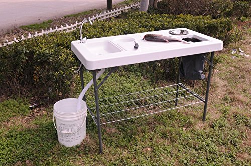 Old Cedar Outfitters Deluxe Fish Fillet Table, or Portable Folding Camping Kitchen with Cutting Board, Bowls, Knife, Odor Bar, Sink, Drain and More! 49.8" x 25.6" x 37.2", White,Camp