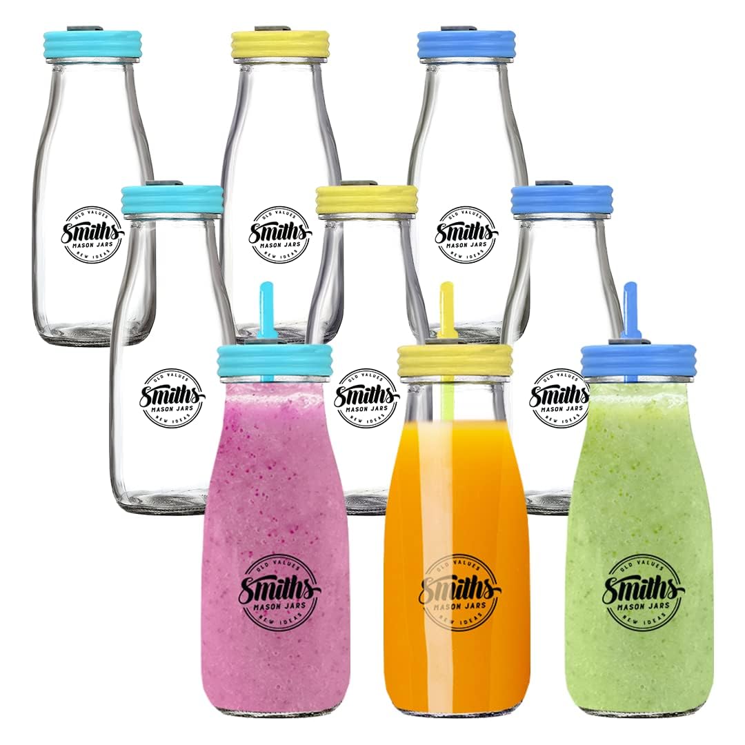 Smiths Mason Jars Set of 9 Mini Glass Milk Bottles 300ml Splash Proof Lids and Reusable Drinking Straws for Kids | General Use Kids Home