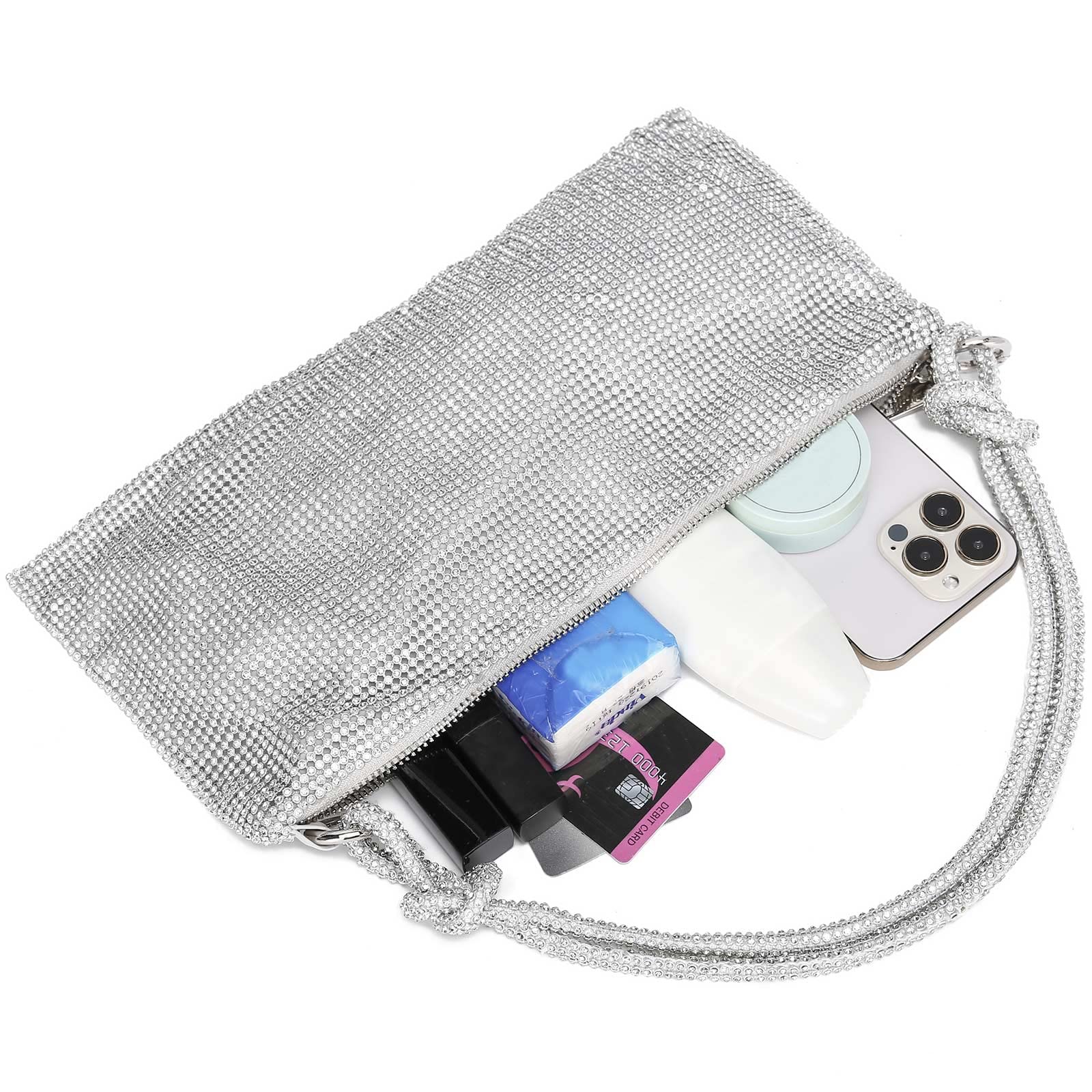 YIKOEE Sparkly Rhinestone Purse for Women Evening Hobo Shoulder Bag (Sliver)