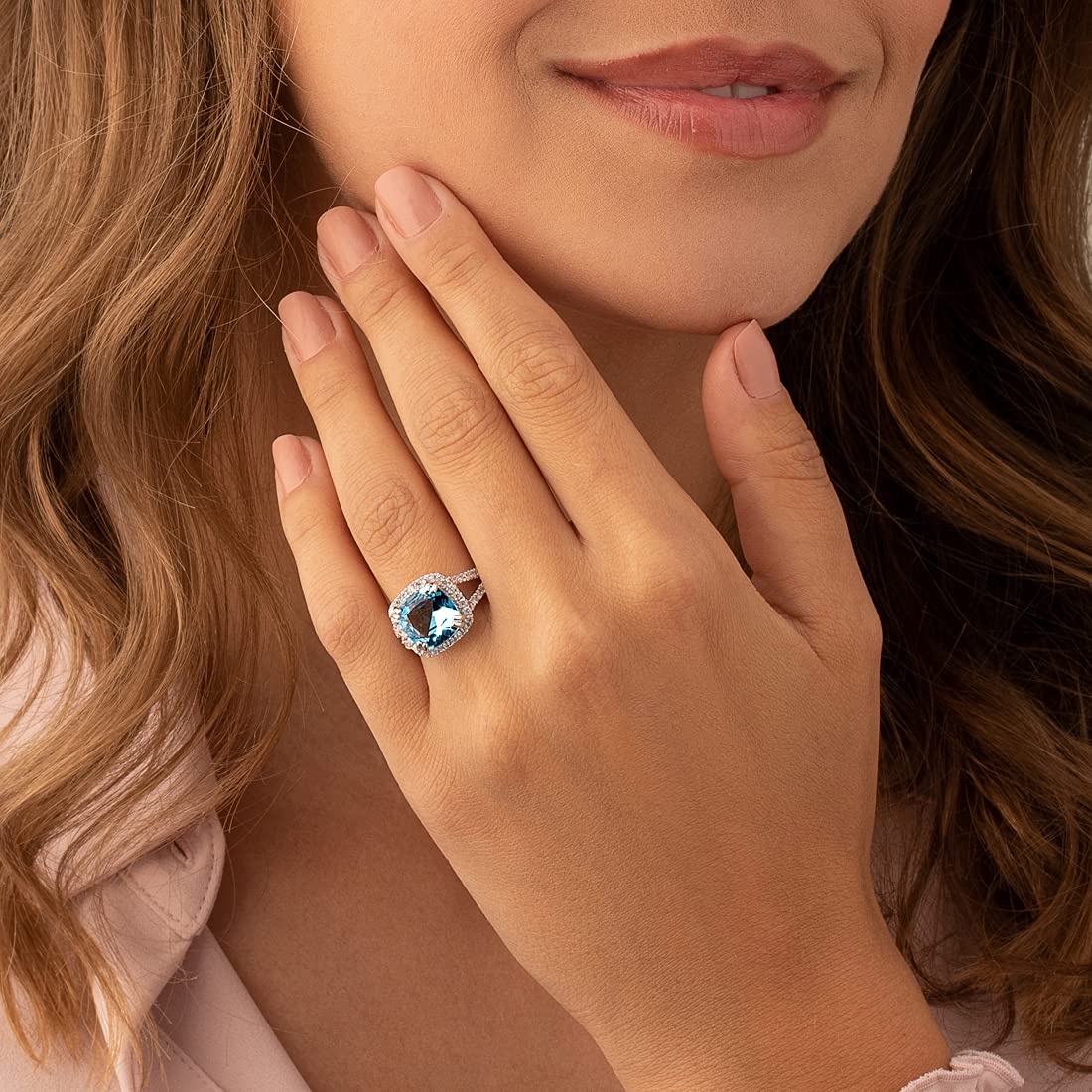 PEORA Swiss Blue Topaz Signature Ring for Women 925 Sterling Silver, Genuine Gemstone Birthstone, Large 6.25 Carats Cushion Cut 11mm, Size 9