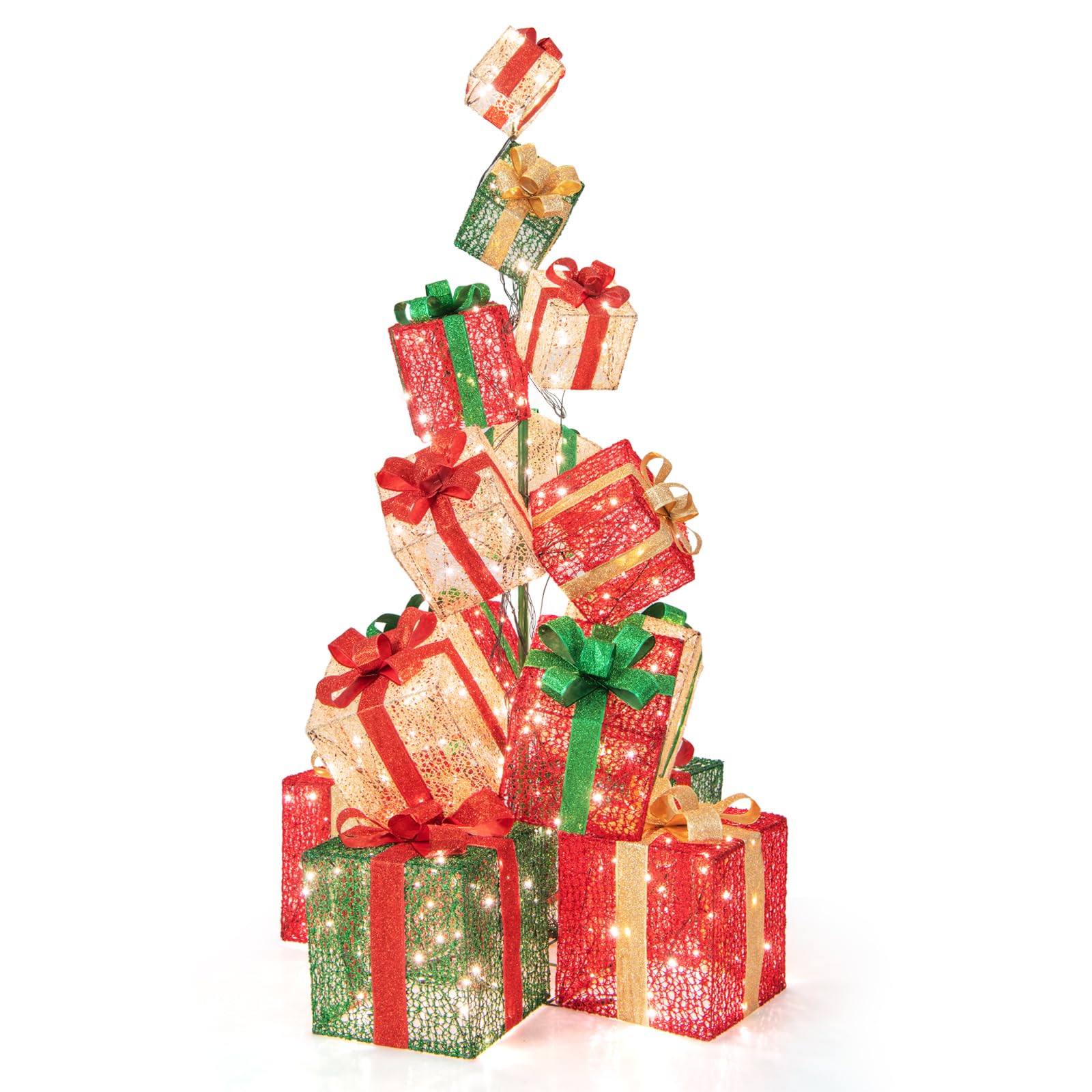 Tangkula 5.6 FT Lighted Box Tower, 15 Stacked Pre-lit Boxes with 450 Warm White Lights, Metal Base, Ribbons & Bows, Light up Gift Box Decorations for Indoor Outdoor