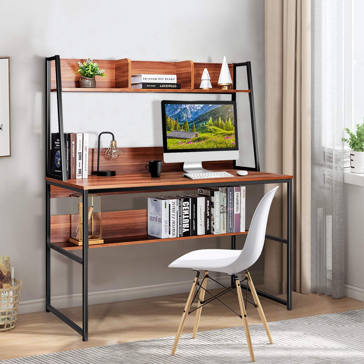 Tangkula Computer Desk with Hutch & Bookshelf, 47 Inches Space Saving Writing Study Table Home Office Desk, PC Laptop Table Workstation with w/ 3 Open Storage Space & Bottom Bookshelf (Brown)