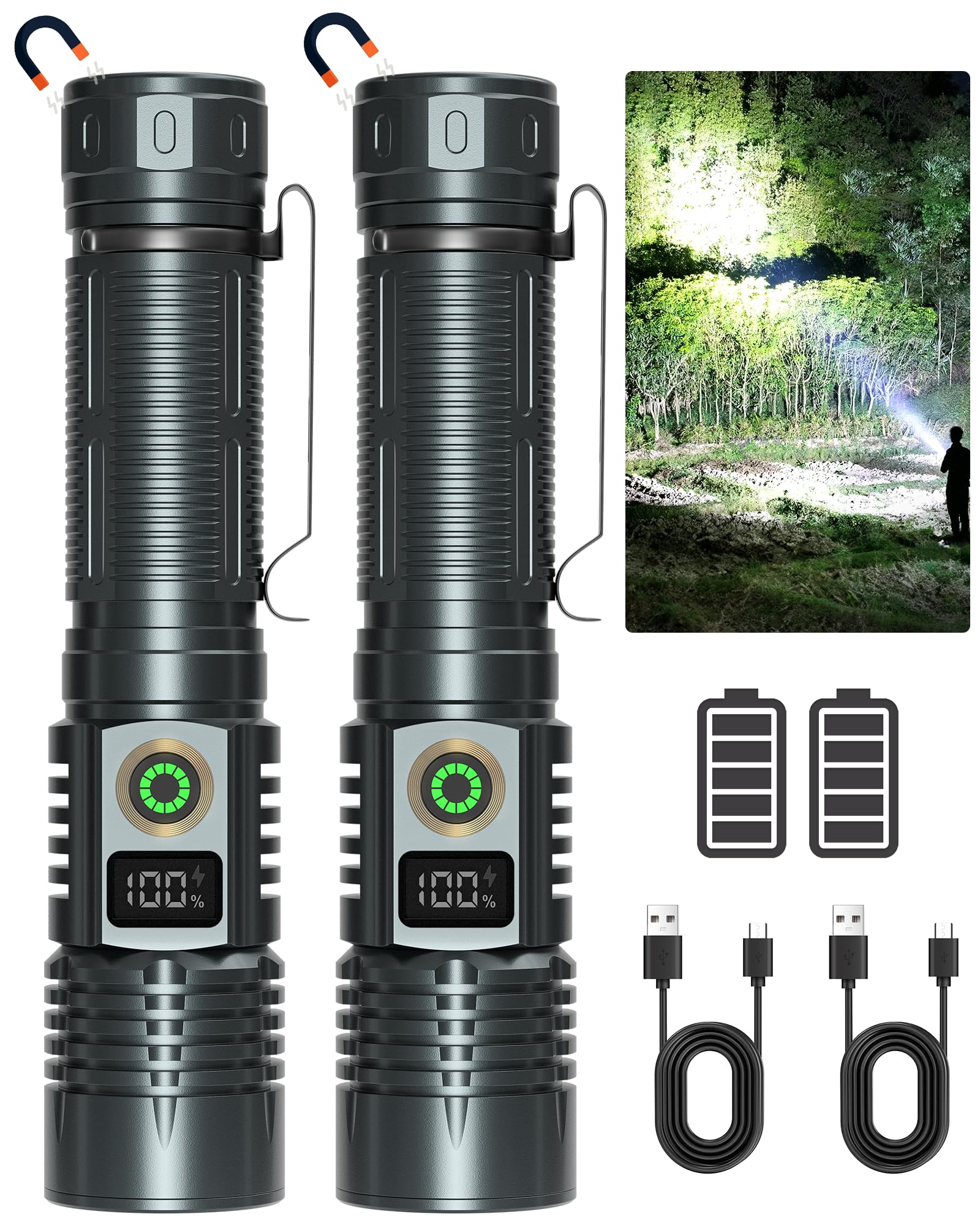 Rechargeable Flashlights High Lumens, 250000 Lumens Flash Light Super Bright LED Flashlight, 5 Light Modes, IPX6 Waterproof Handheld Powerful FlashLights with Magnetic Flashlights for Camping Home
