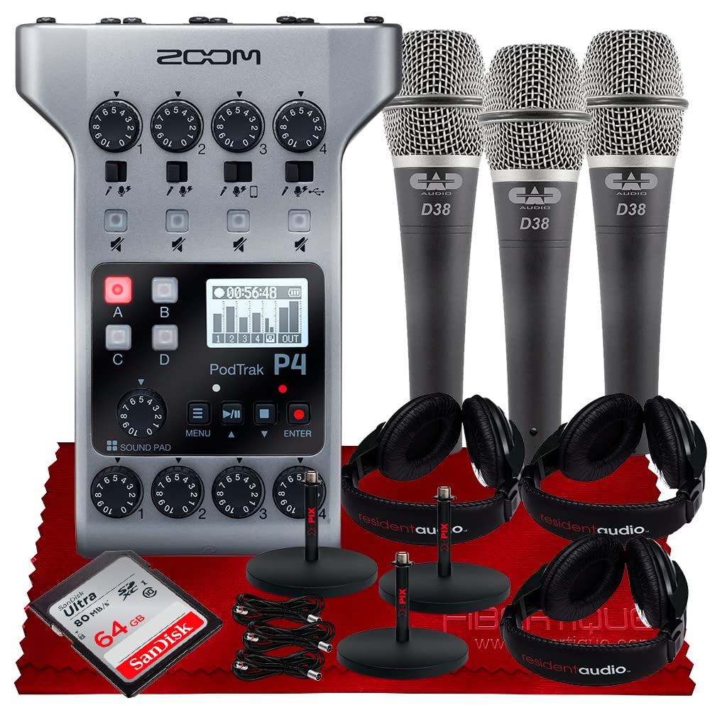 Zoom PodTrak P4 Portable Multitrack Podcast Recorder Bundle w/ 4 Ins/ 4 Outs + Audio D38X3 Microphone 3 Pack + 3X R100 Stereo Headphones + 64GB Memory Card + Mic Stand + Pro Audio XLR Cable and more