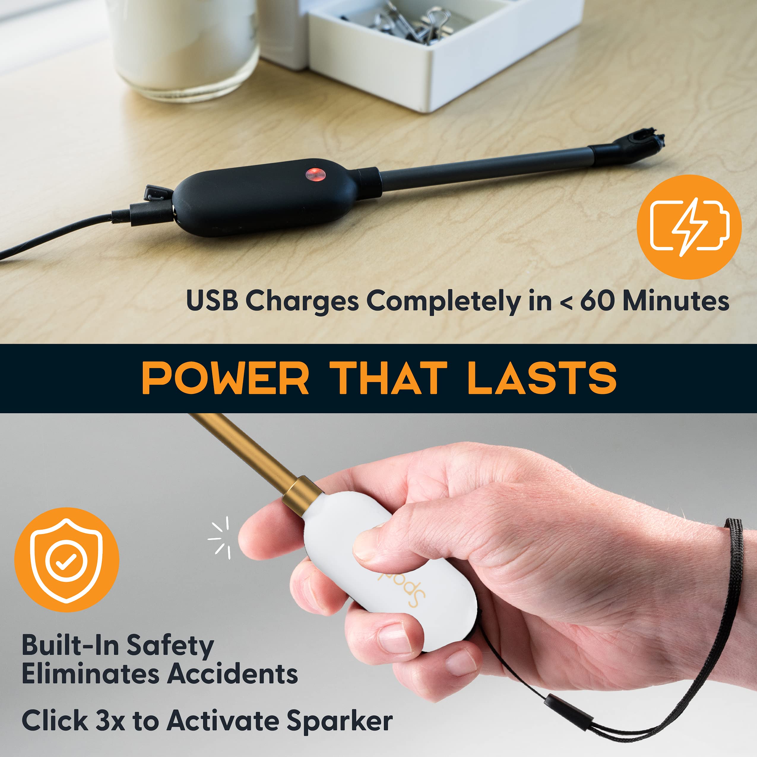 Power Practical Candle Lighter - Sparkr USB Rechargeable Electric Lighter w/Plasma Technology & Extra Long Wand, Flameless Lighters for Candles, Camping, & Cooking, Gold