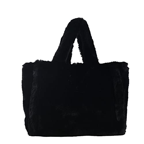 Women Fluffy Shoulder Bag Plush Handbag Wallet Tote Bag for Autumn and Winter (Large black)
