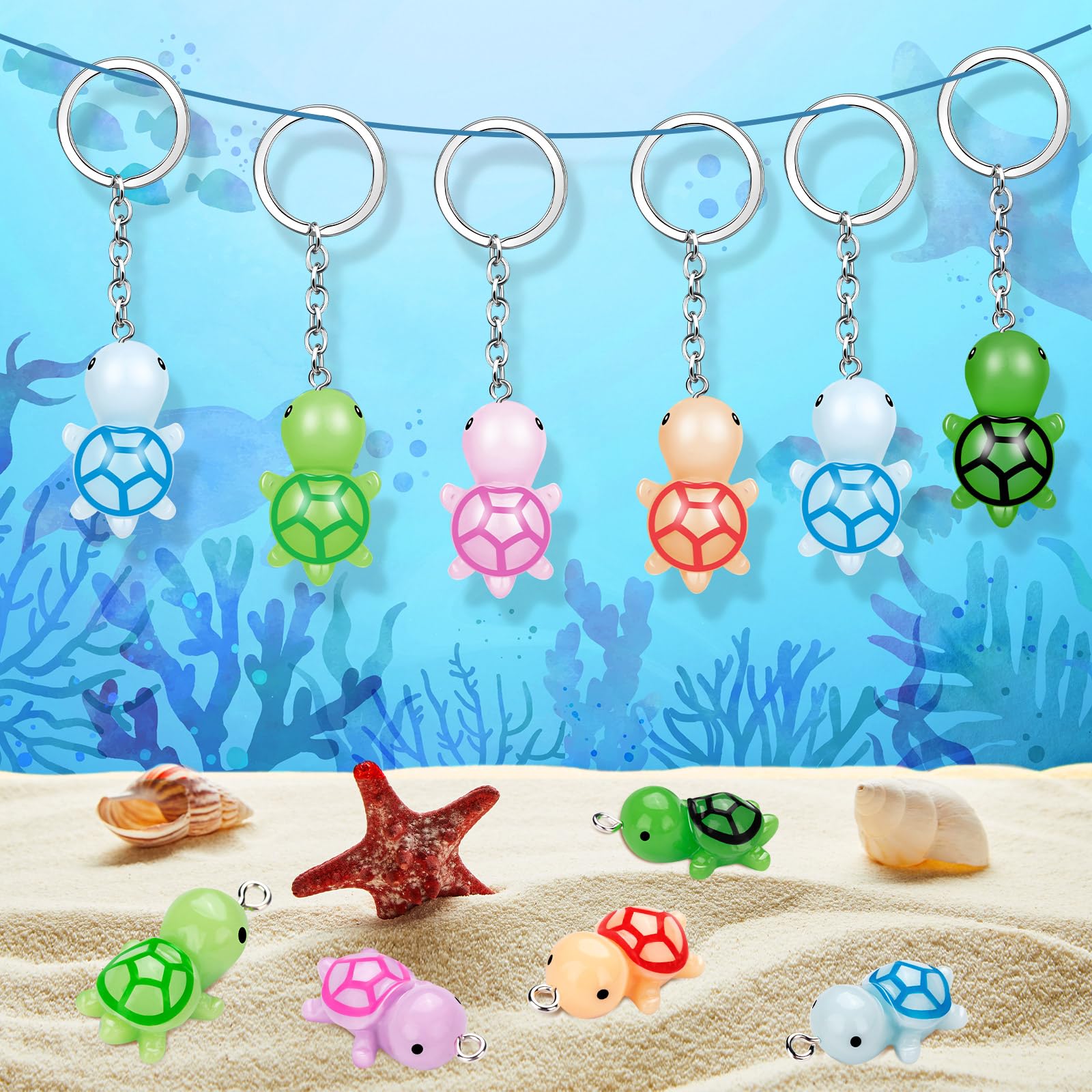 ZHWKMYP 35 Pcs Turtle Keychains, Tiny Multicolor Sea Turtle Keychain Bulk, Mini Resin Turtles Key Chain for Students Classroom Boys Girls Party Supplies