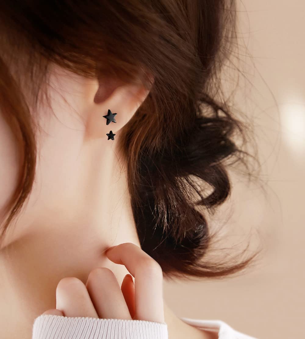 Reffeer 925 Sterling Silver Star Half Hoop Earrings Open Hoops for Women Girls Star Cuff Earrings Wraps (B-Black Gold)