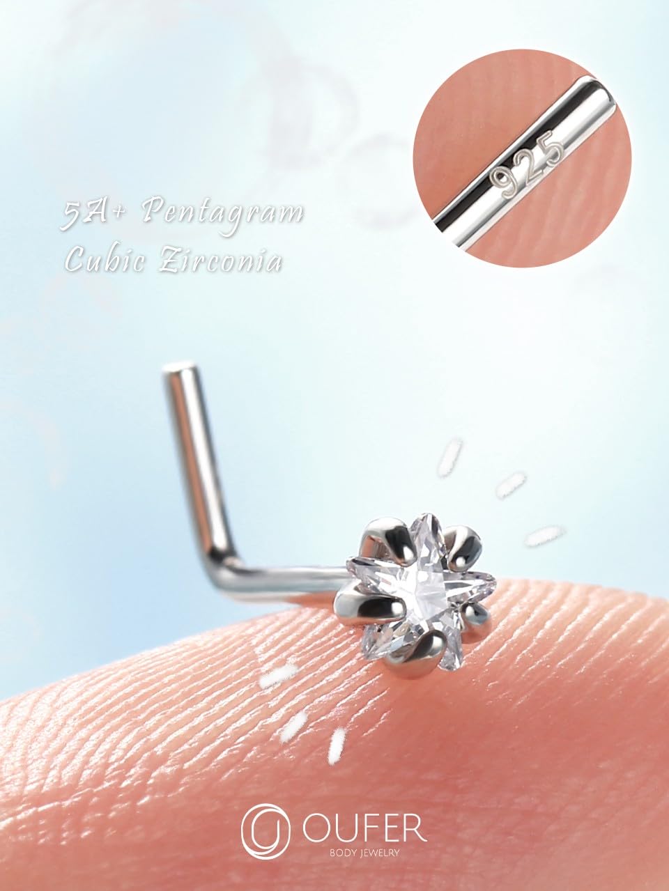 OUFER 925 Sterling Silver Nose Studs, L Shaped Nose Rings Studs, 20G Nostril Solid 3mm Star CZ Nose Piercing Jewelry, Nose Studs For Women Men (L - 3mm Star)