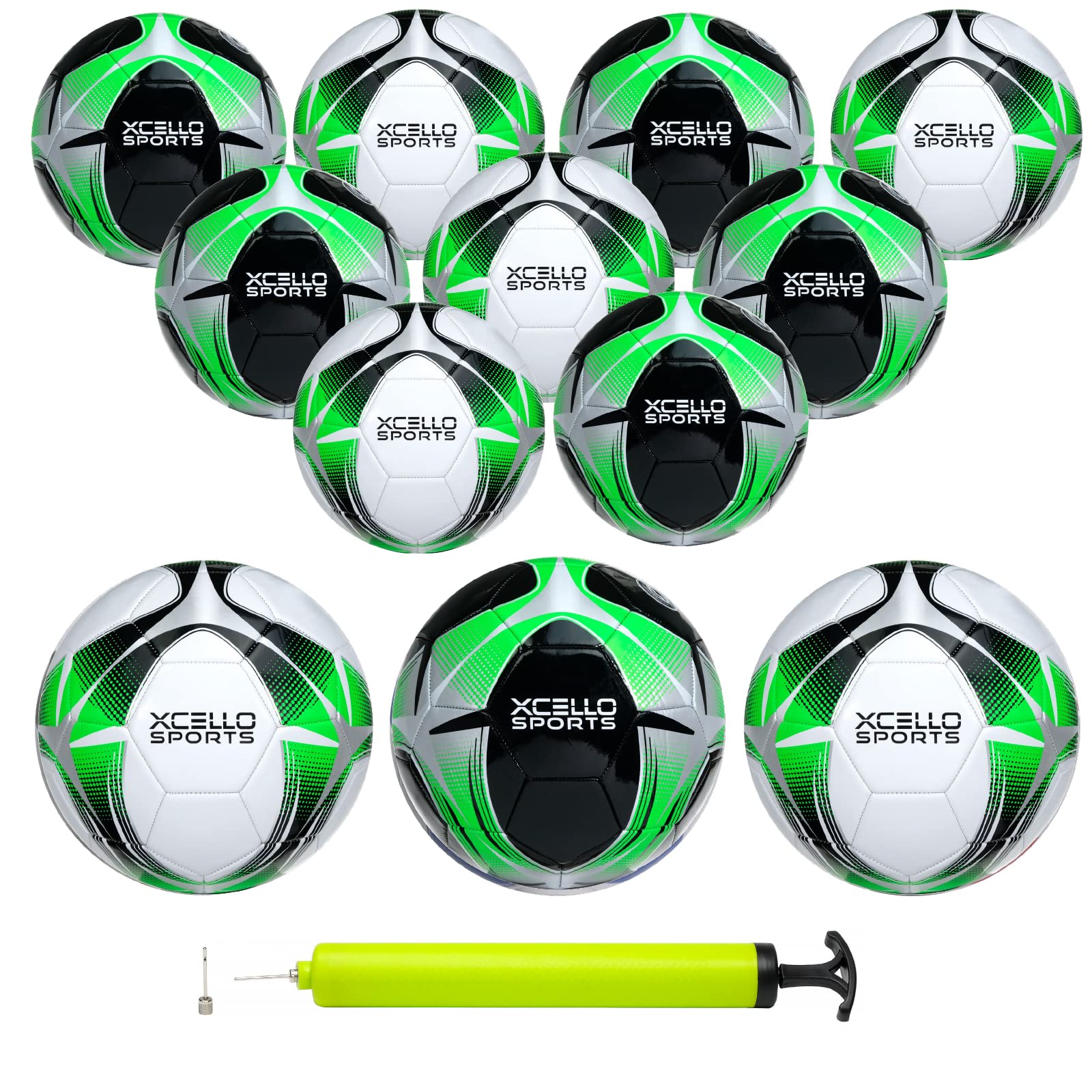 Xcello Sports Soccer Ball (Black/Green/Silver, White/Green/Silver) w/Pump (Size 5, Pack of 6)