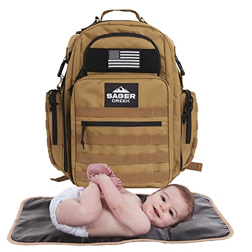 Sager Creek Dad Diaper Bag Backpack with Changing Pad. Waterproof Military Diaper Backpack for Men w/Insulated Compartment (Brown)
