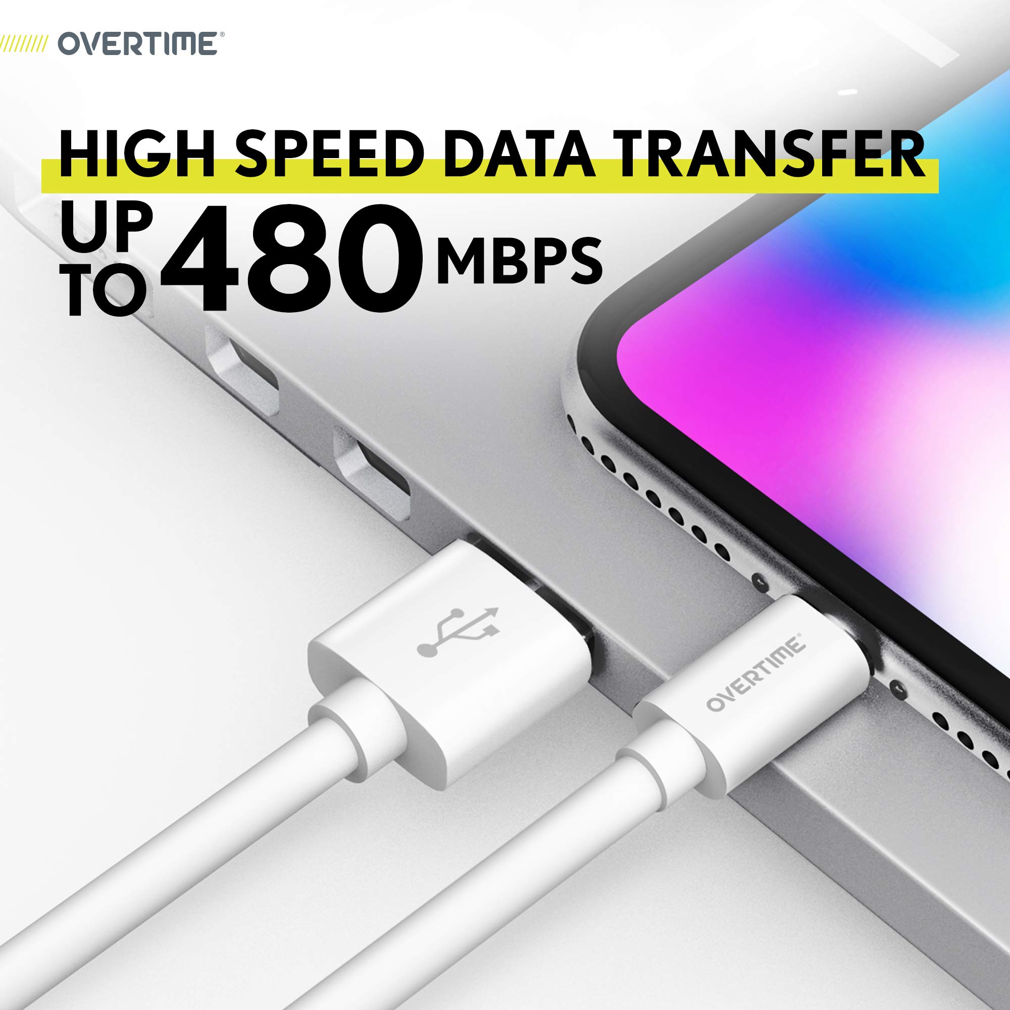 Overtime iPhone Charger Set, Apple MFi Certified Lightning Cable with Dual USB Wall Adapter 2.4 AMP Compatible w/iPhone 11 Pro Max XS XR X 8 7 6S 6 Plus SE AirPods iPad (Silver/White, 6ft)