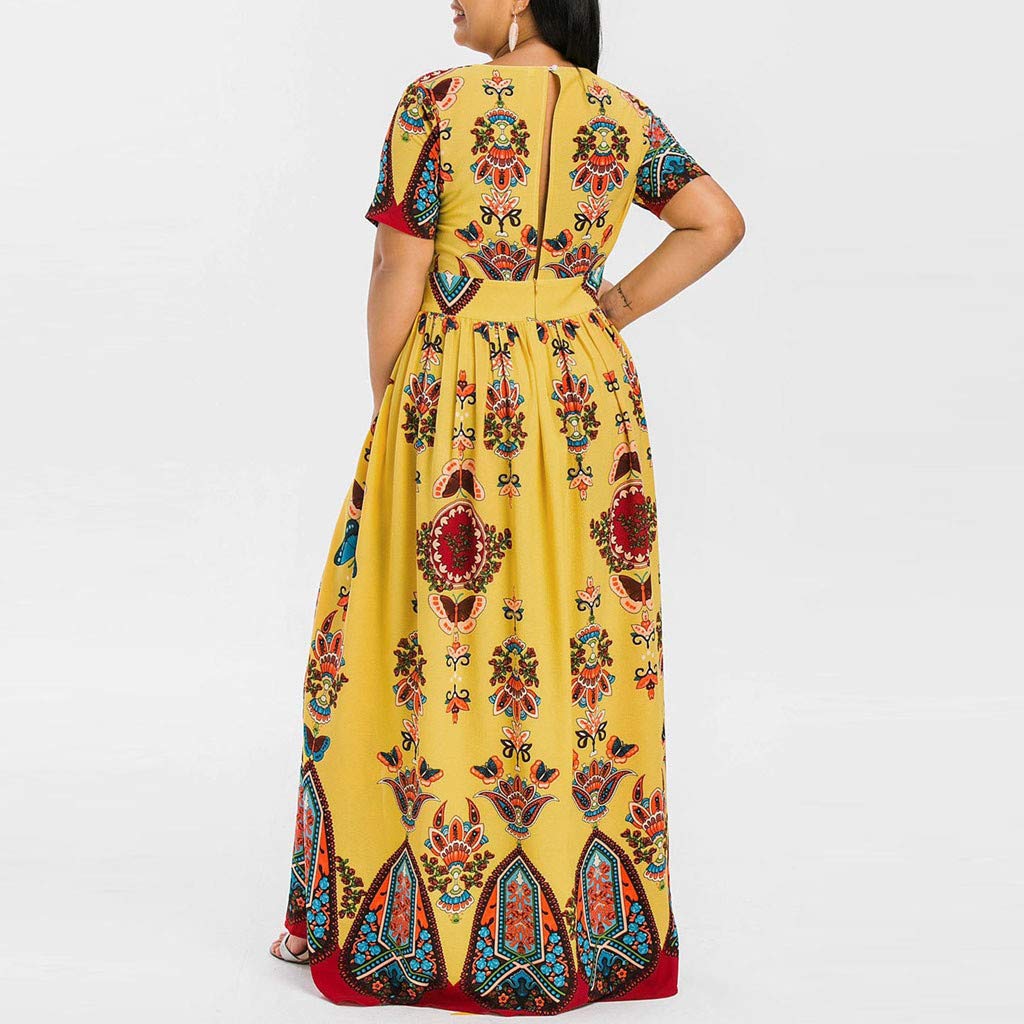 Women Plus Size Long Dress Deep V-Neck Short Sleeve Butterfly Printing Maxi High Waisted Pleated Split Dress