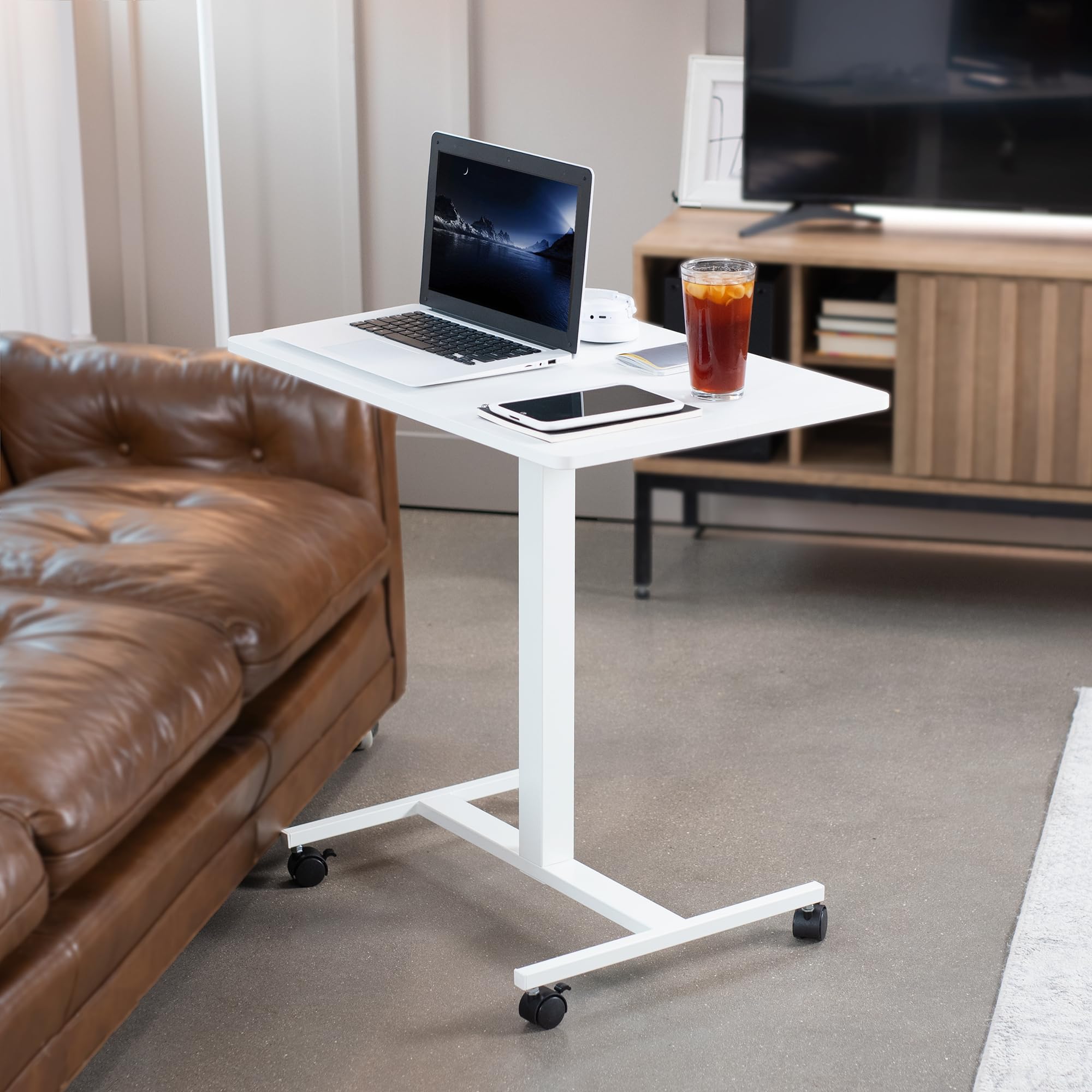 VIVO Mobile Compact 28 inch Pneumatic Lift Sit to Stand Laptop Desk, Rolling Presentation Cart, Height Adjustable Ergonomic Workstation with Locking Wheels, White, CART-V00LW