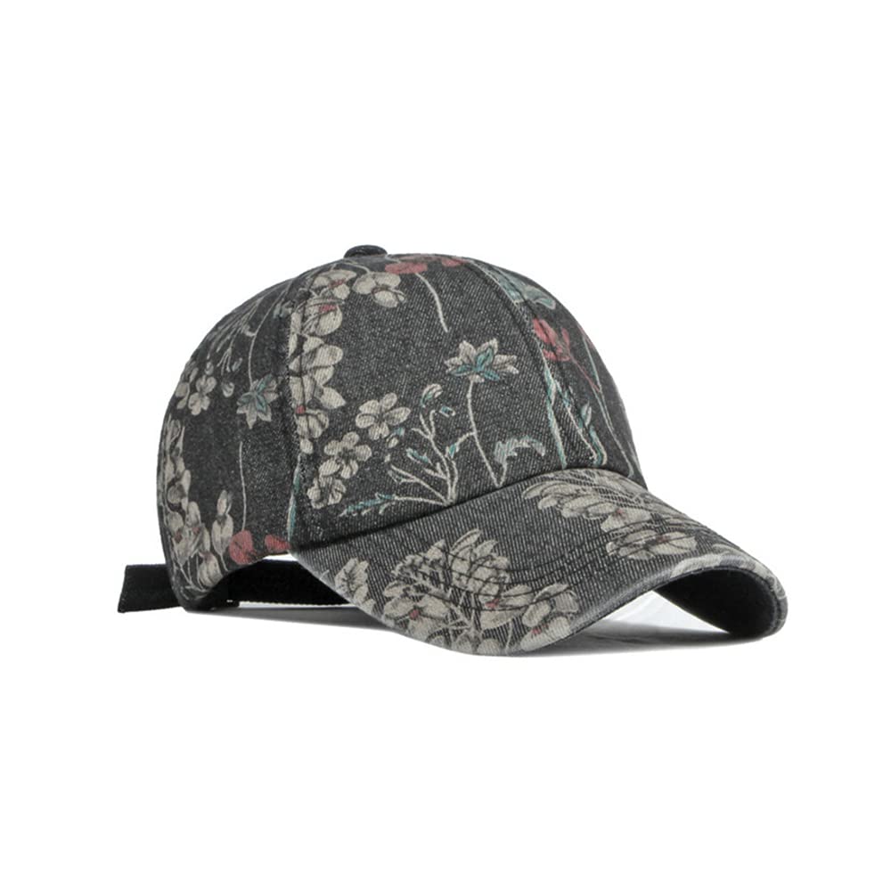 yosuwer Unisex Floral Print Baseball Cap Adjustable Washed Denim Sport Trucker Dad Visor Hat (One Size, Black)