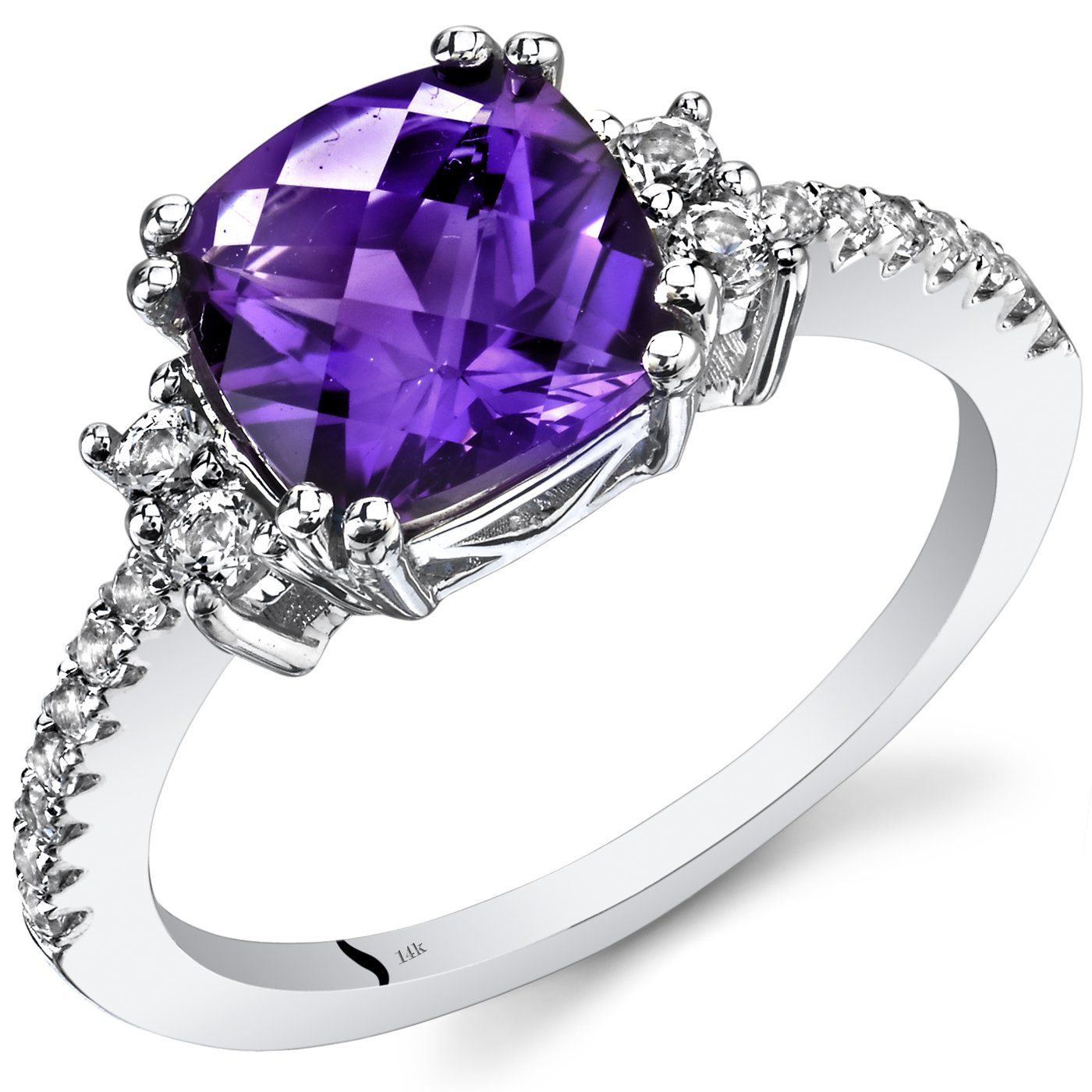 PEORA Amethyst Ring for Women 14K White Gold with White Topaz, Genuine Gemstone Birthstone, Designer 2 Carats Cushion Cut 8mm, Size 7