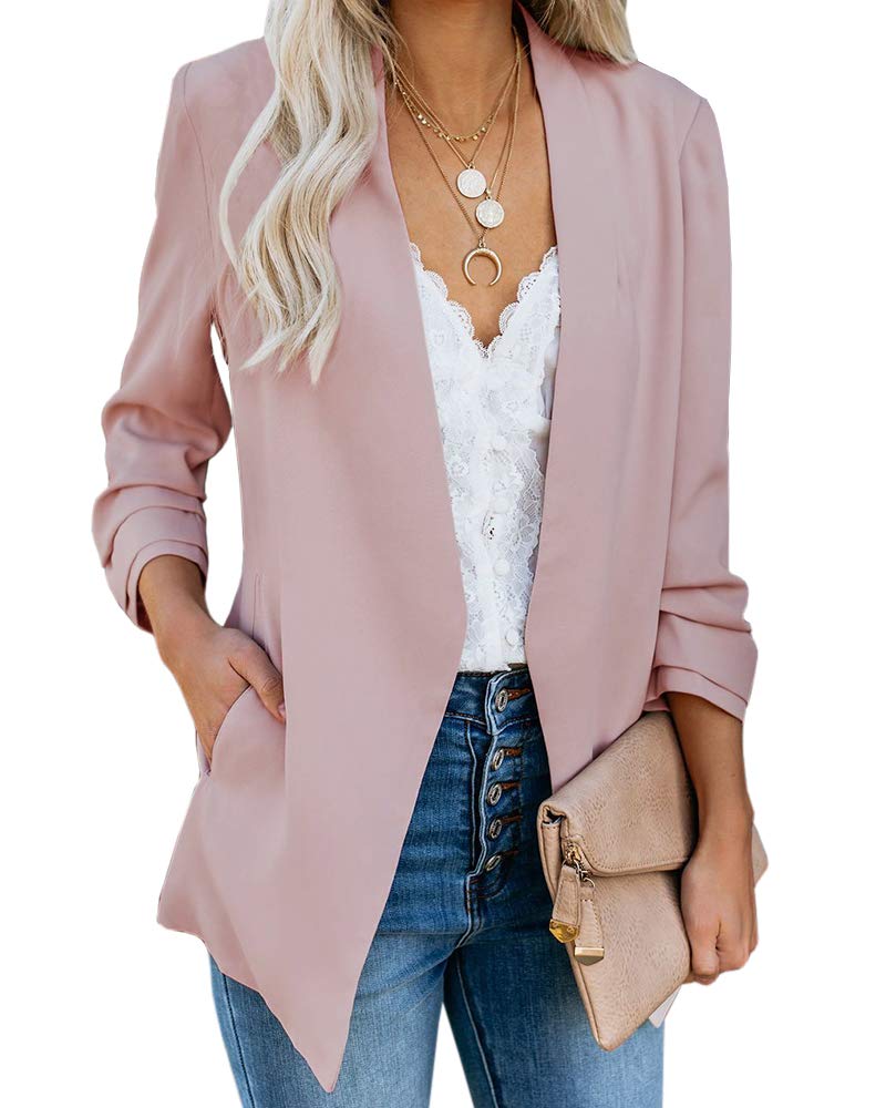 Ofenbuy Womens Casual Blazer Ruched 3/4 Sleeve Open Front Relax Fit Office Lightweight Cardigan Jacket Blazers (Medium, Pink)