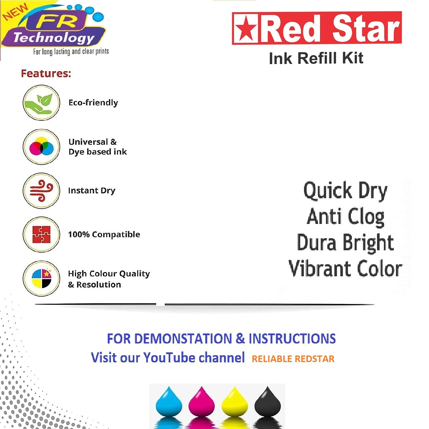 Red Star Multi Color Ink Refill kit with Suction Prime Holder Suitable for HP 63 62 61 60 64 65 67 901 Black & Color Ink Cartridge Combo Pack with 240 ml Ink, Tools & Instructions