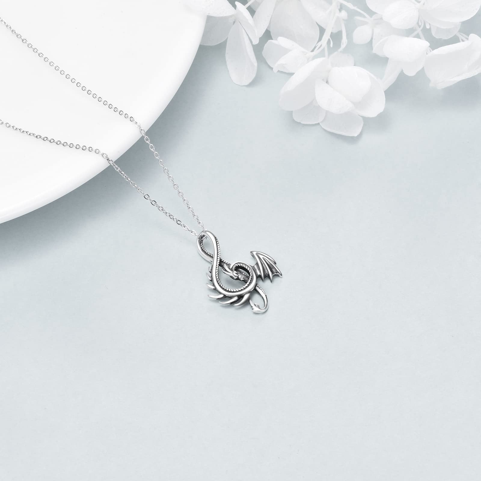 YAFEINI Dragon Necklace 925 Sterling Silver Music Note Aesthetic Pendant Chain Vintage Gift for Men Women