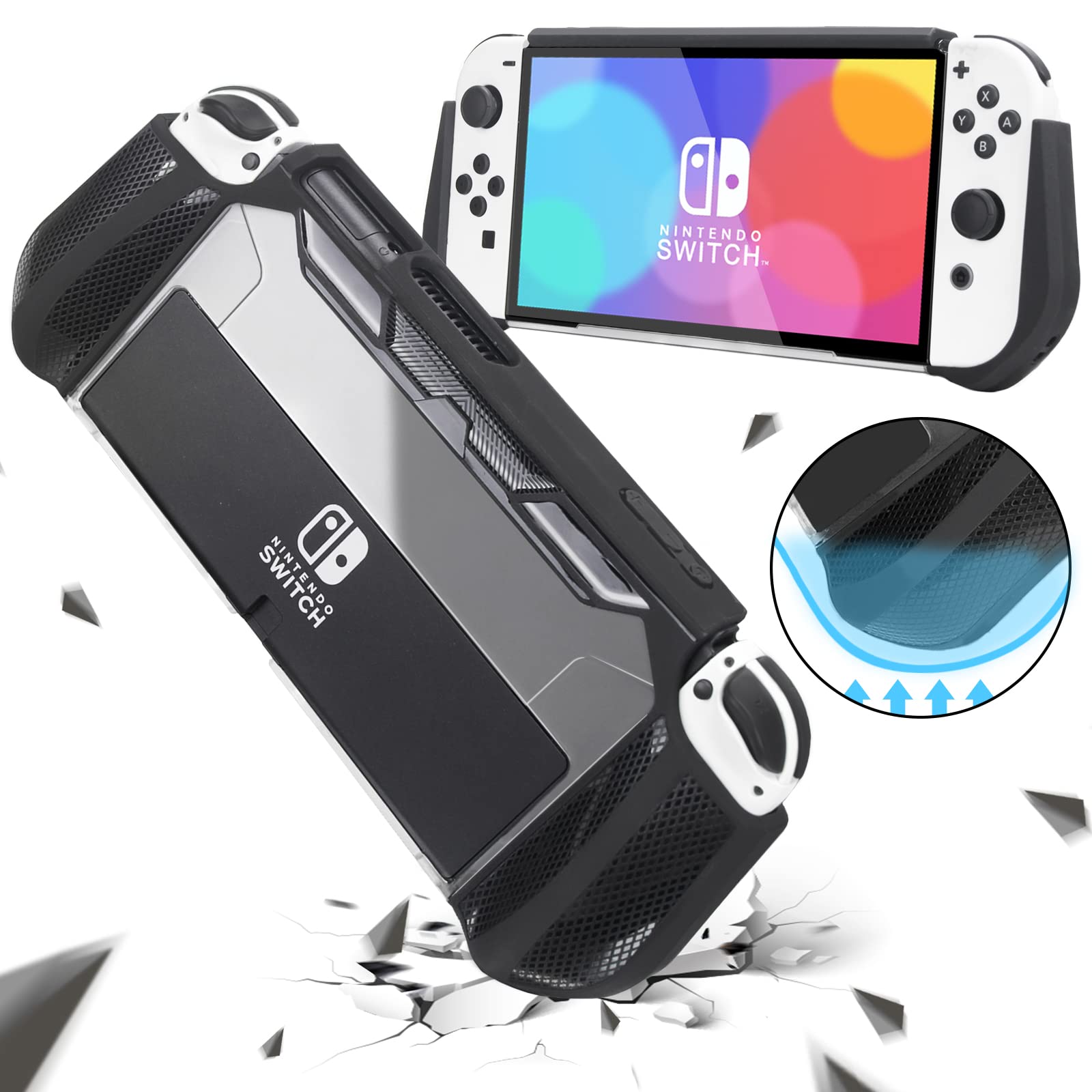 TIKOdirect Dockable Case for Nintendo Switch OLED (2021), TPU Grip Protective Cover Case Accessories with Screen Protectors and Thumb Grip Caps for Switch OLED Console and Joy-Con Controller, Black