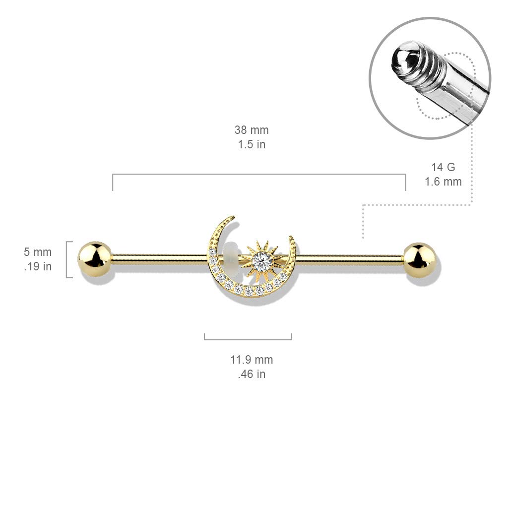 Pierced Owl CZ Crystal Paved Crescent Moon and Star Stainless Steel Industrial Barbell (Silver Tone)