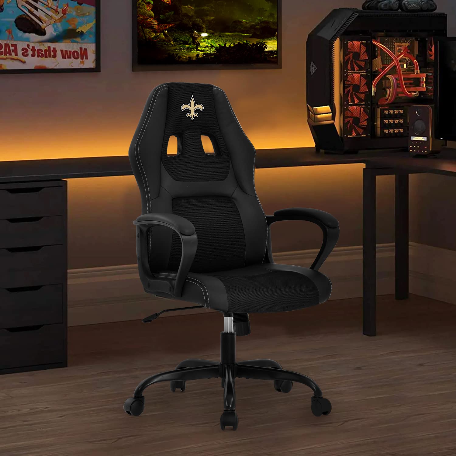 Office Chair PC Gaming Chair Cheap Desk Chair Ergonomic PU Leather Executive Computer Chair Lumbar Support for Home Office (Black, NO)