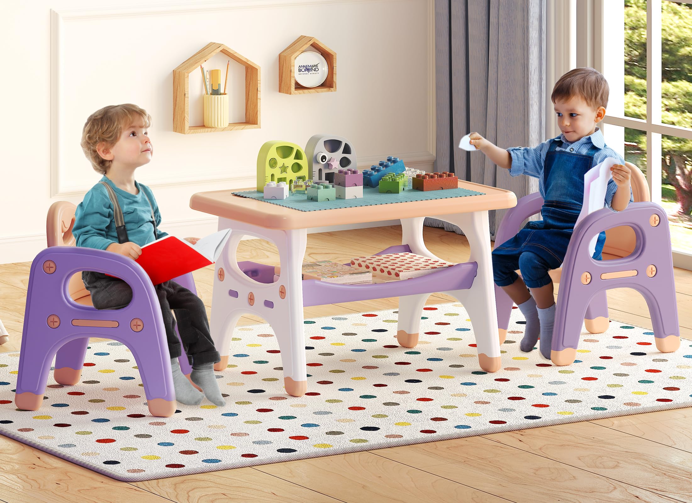 Toddler Table and Chair Set, Kids Table and Chairs with Storage Space and 2 Chairs, Toddler Chair and Table Set for 1-6, Toddler Table and Chairs for Playroom, Bedroom, Kindergarten, Nursery (Pink)