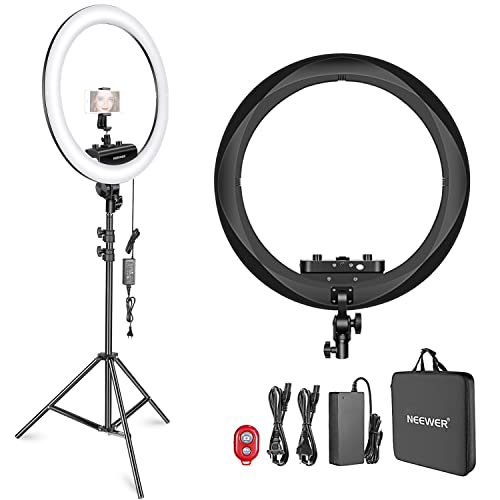 Neewer Ring Light Kit [Upgraded Version-1.8cm Ultra Slim]-18 inches,3200-5600K,Dimmable LED Ring Light with Light Stand, Phone Clip,Hot Shoe Adapter for Portrait Makeup Video Shooting (Black)