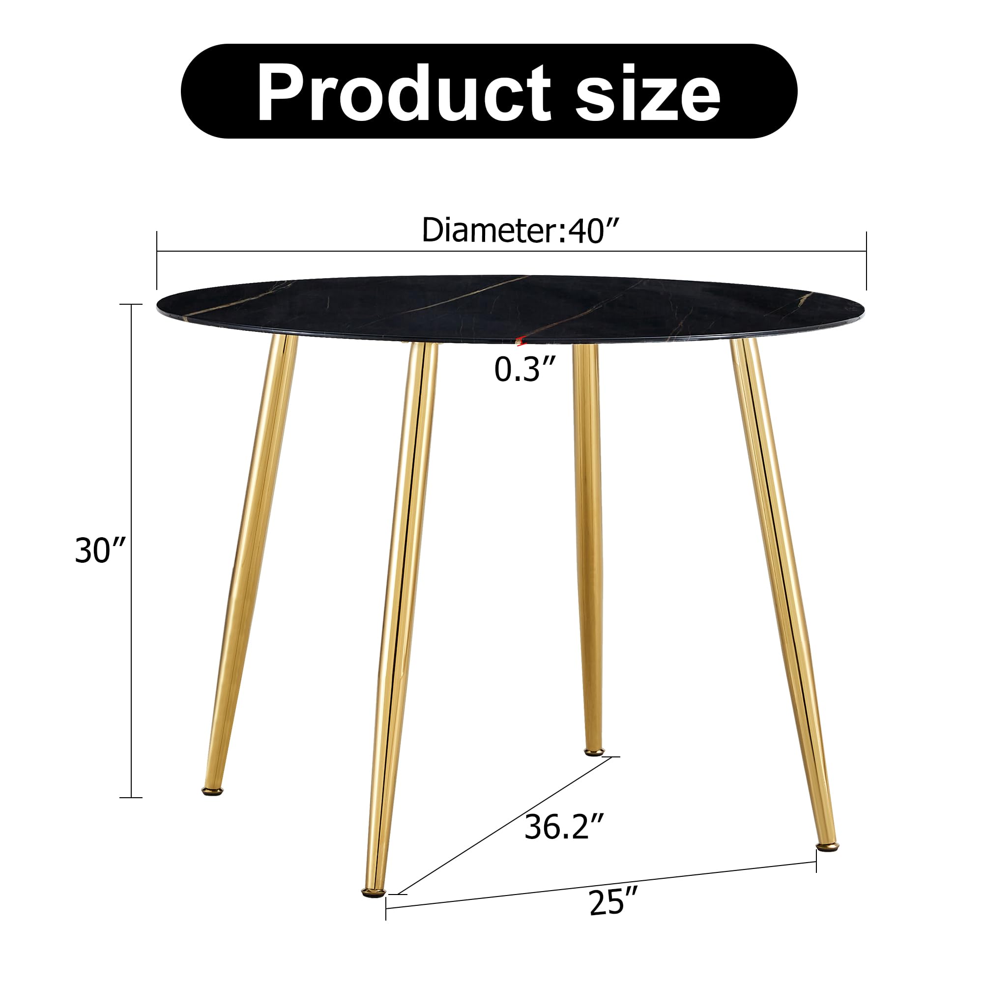 OUYESSIR 40'' Round Dining Table, Imitation Marble Craft Glass Kitchen Table with Black Metal Legs, Small Modern Table for Dining Room, Kitchen, Living Room, Cafe, Office