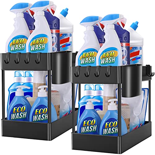 Under Sink Organizer and Storage - Bathroom Organizer - Multi-purpose Kitchen Organizer Countertop Storage Shelf Holder with Hooks, 2 PCS