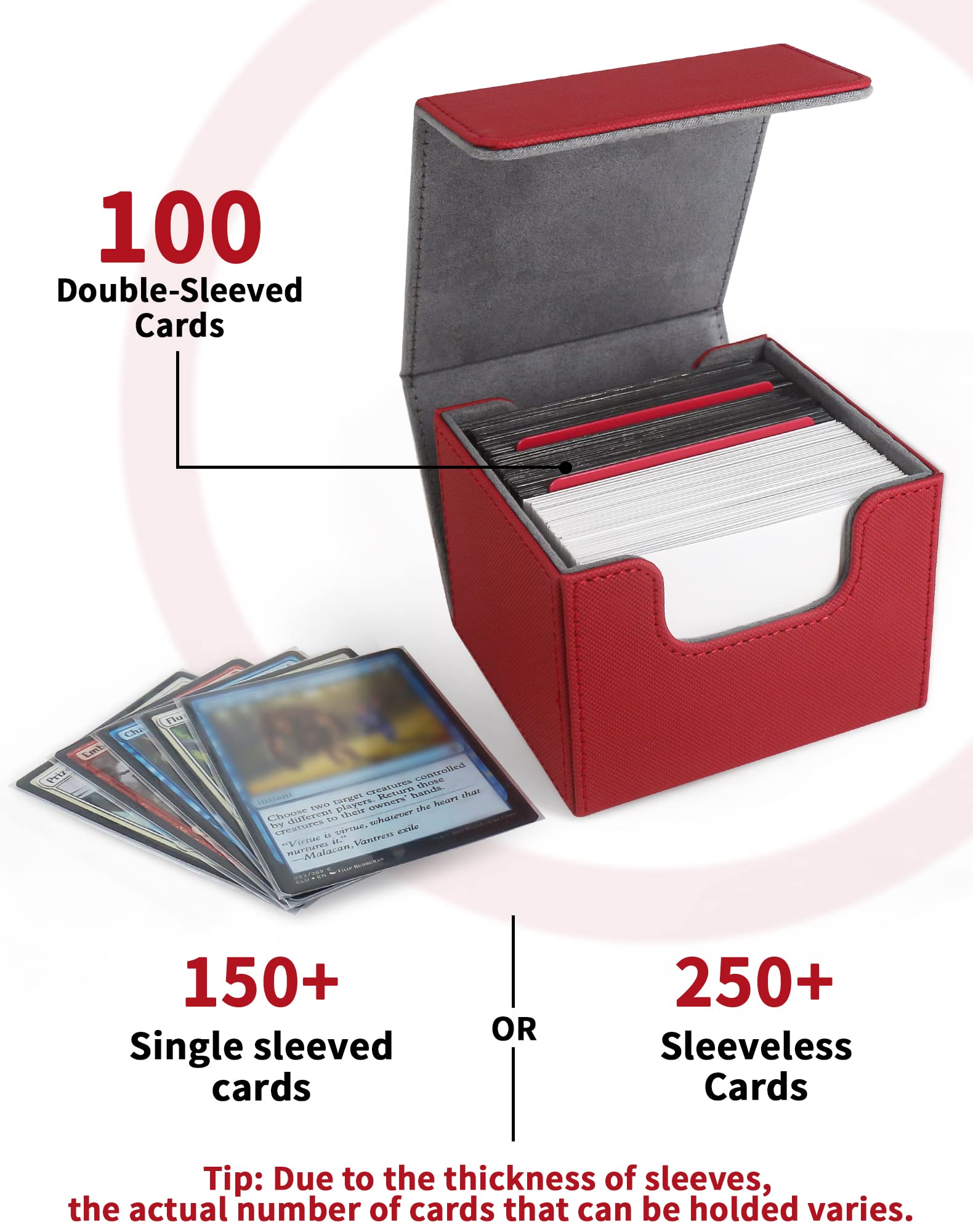ZLCA Card Deck Box with 2 Dividers for MTG Cards, 150+ Horizontal Card Storage Case Fits 100 Double Sleeved Cards, PU Leather Commander Deck box for TCG CCG (Red)