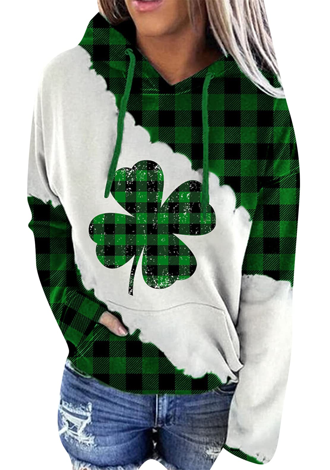 YMING Womens Irish Shamrock Shirts St. Patrick's Day Long Sleeve Hoodie Oversized Shamrock Pattern Sweatshirt Plaid M