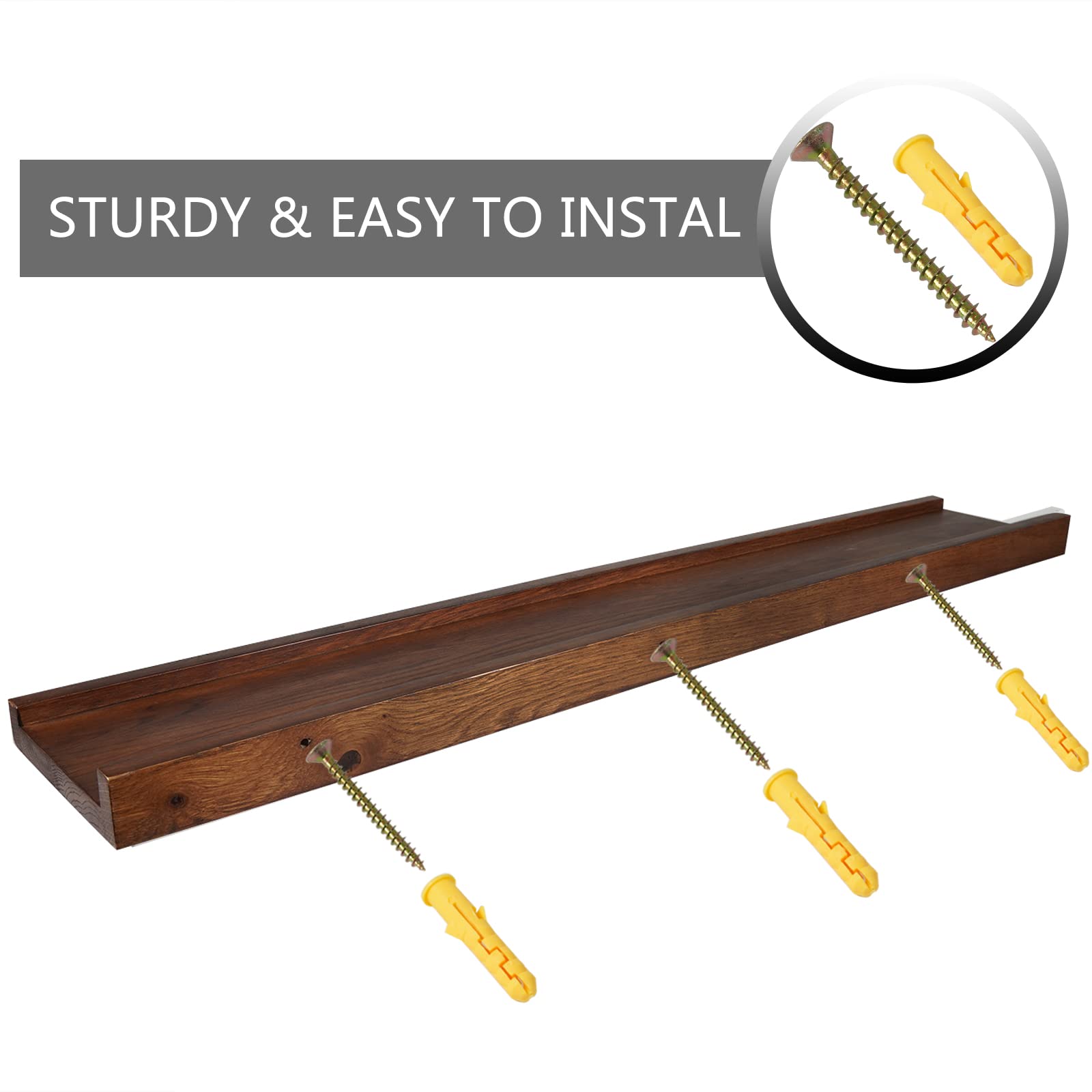 Recogwood 12 Inch Walnut Floating Shelves, 6'' Deep Solid Oak Wood Shelf, Rustic Wall Shelves for Decor and Storage, Picture Ledge Shelf for Bedroom/Bathroom/Living Room/Kitchen