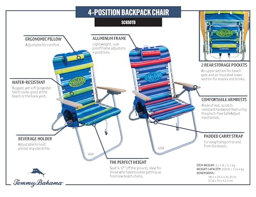 Tommy Bahama Hi-Boy 17" Seat Height 4-Position Lace-Up Suspension Folding Beach Backpack Chair, 1-Pack, Green and Blue Stripe