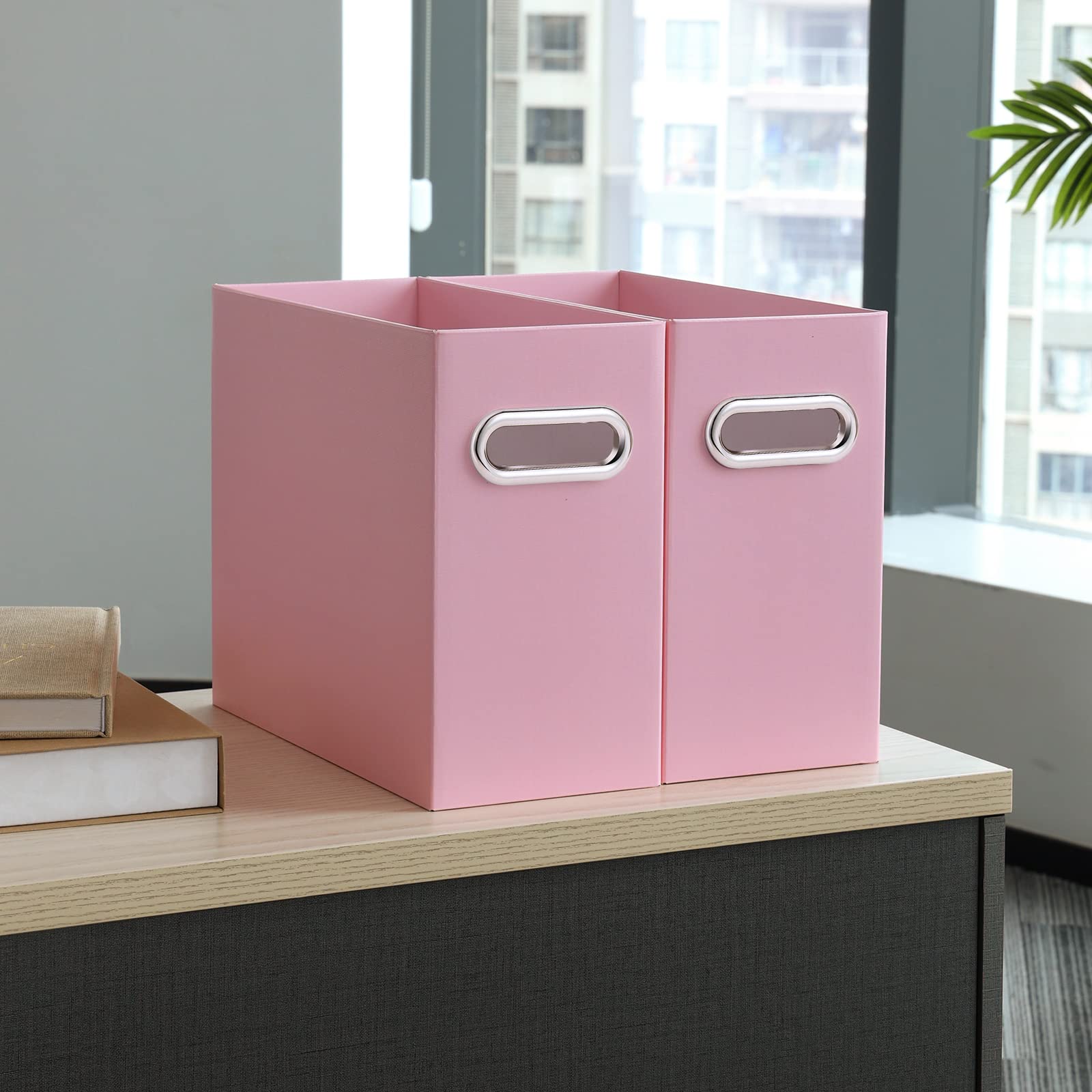 Oterri File Organizer, 4 Packs Small Storage Box, Cardboard File Folder Organizer, Collapsible File Box, Hanging File Organizer for Letter Size, Portable File Box with Handle, Only Box(Pink)