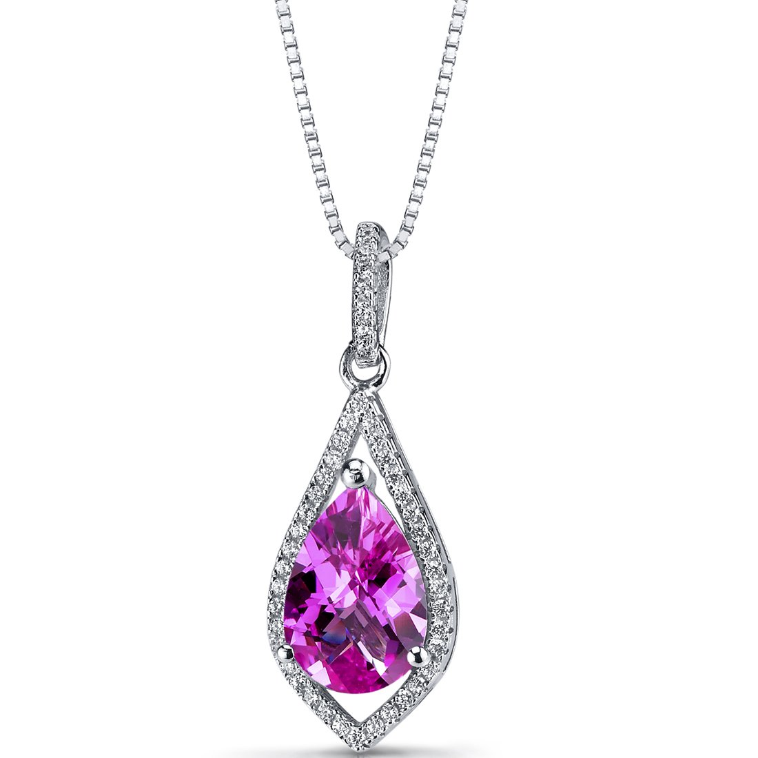 PEORA Sterling Silver 4 Carats Created Pink Sapphire Floating Teardrop Pendant Necklace for Women, Pear Shape 12x8mm, with 18 inch Chain
