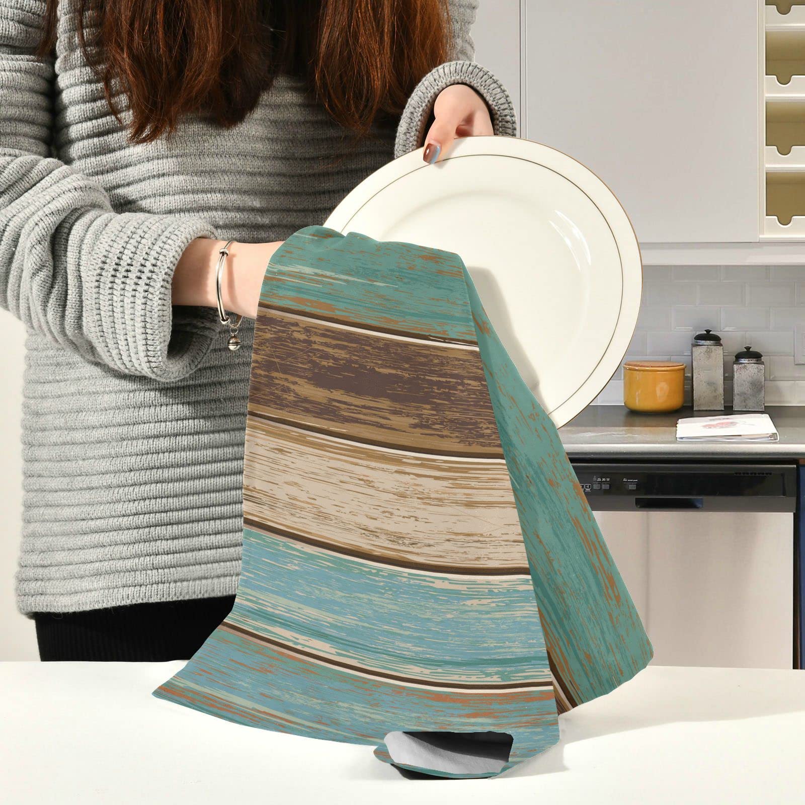 Teal Green Brown Wood Texture Kitchen Towel, Dish Towels Quick Drying Tea Towels Absorbent Hand Towels for Kitchen Sink Dinner Table 28 x 18 Inches, Set of 4