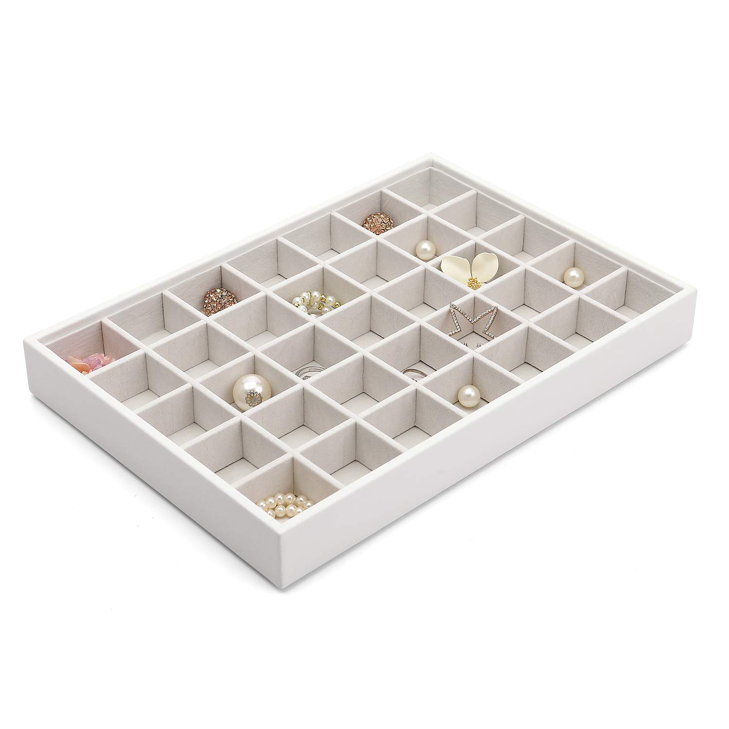 Vlando Jewelry Tray - Faux Leather Glass-top Jewelry Storage Organizer - Earring Necklace Bracelet Ring Display Desktop Drawer Chest, 4-Layer w/Clear Lid, White