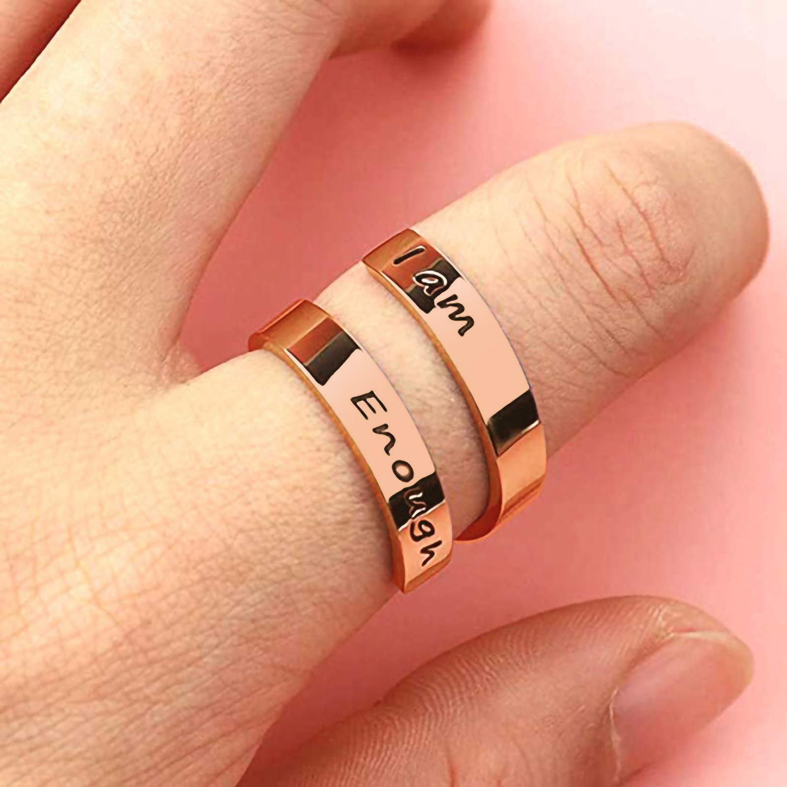 PARTNER Inspirational Ring Gift for Women Man Stainless Steel Engraved Personalized Birthday Graduation Gifts (I am enough - Rose gold)