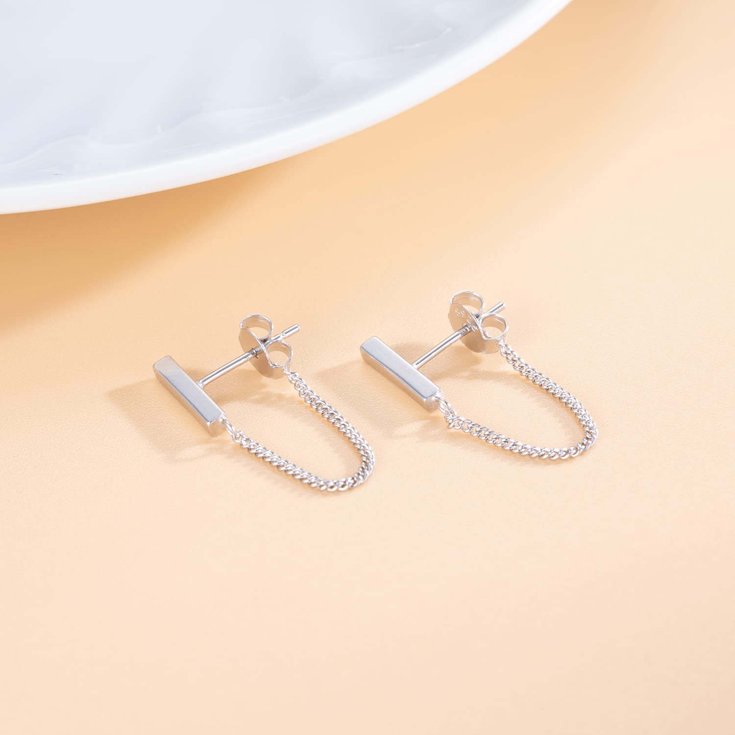 Reffeer 925 Sterling Silver Stud Earrings Minimalist Bar Earrings with Chain Dangle Earrings For Women (A-Silver)