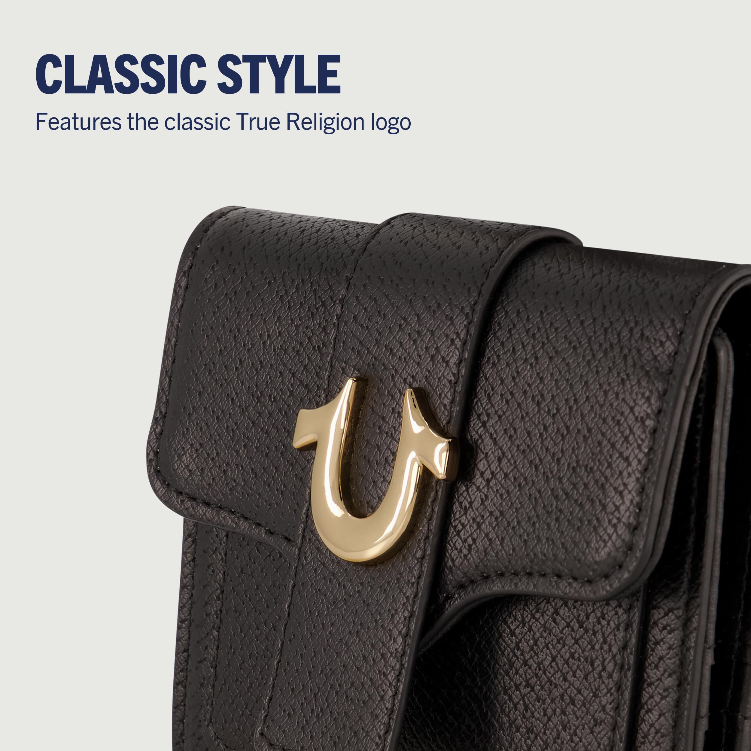 True Religion Women's Mini Wallet, Horseshoe Logo Small Compact Clutch Purse, Black