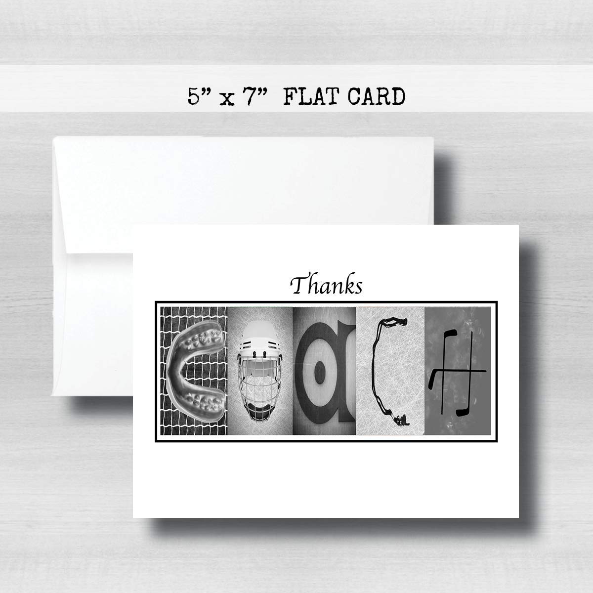 Personalized Hockey Black and White Coach Thank You Card, 5"x 7" FLAT CARD, Greeting Cards
