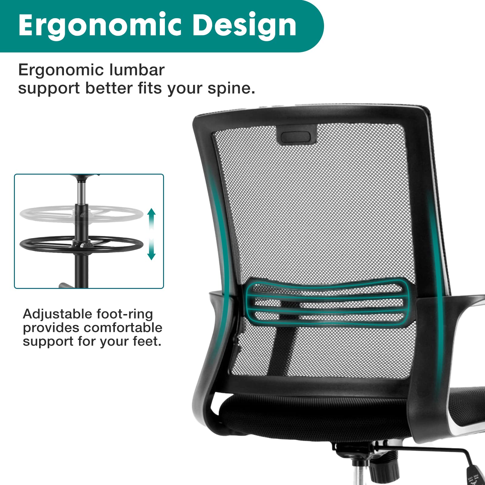 OLIXIS Tall Standing Office Desk Adjustable Foot Ring Drafting Chair, Darkblack