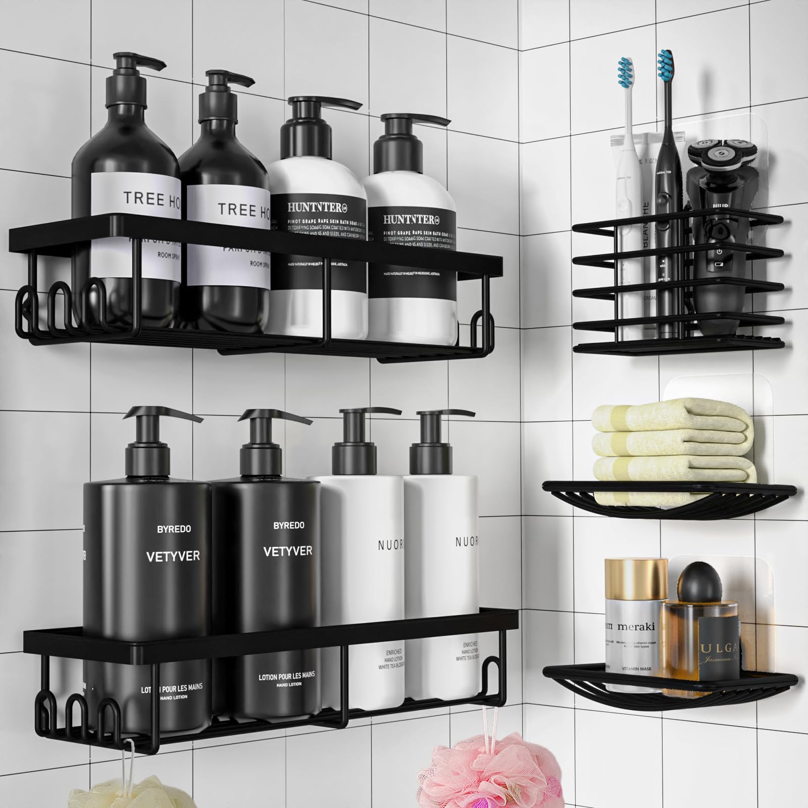Sakugi Shower Caddy 5 Pieces - Stainless Steel Shower Organizer, Rustproof Bathroom Shower Shelves for Inside Shower, Black